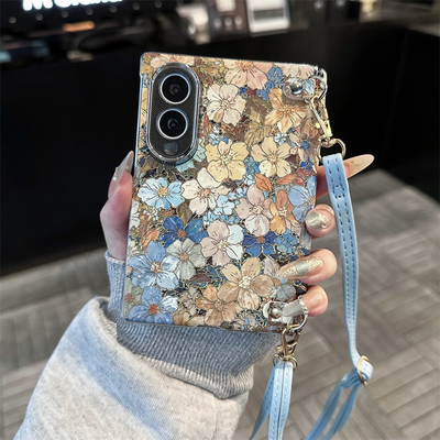 悦皇适用于三星GalaxyZFold8阔折叠手机壳全包中轴前框磁吸边烫金彩蓝花ZFold8Ultra翻盖保护套斜挎绳手提珠
