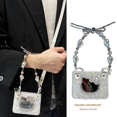 卡通补妆镜折叠手机壳斜挎挂绳