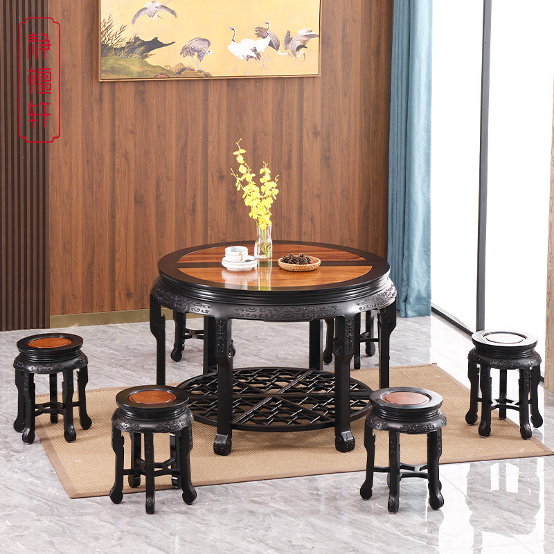 紫光檀嵌缅甸酸枝餐桌拼圆桌明清古典东非黑黄檀红木休闲桌茶桌椅