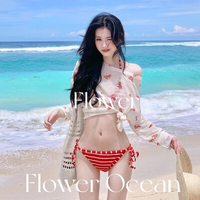 【草莓奶泡】纯欲罩衫bikini遮肉显瘦分体温泉度假泳衣