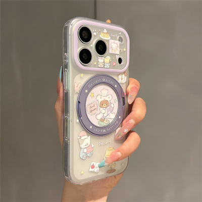 卡通可爱甜品师小熊360旋转一体支架适用苹果18promax手机壳iPhone17pro磨砂双层16pro女新款15pro防摔保护套