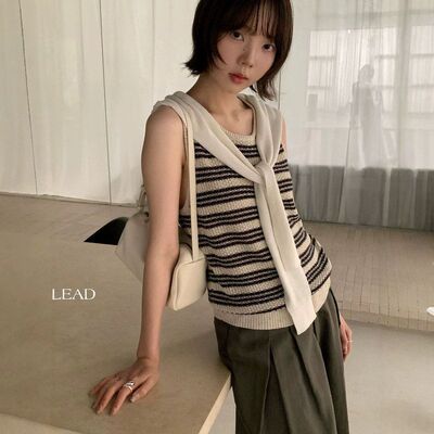 UP夏韩系撞色条纹镂空无袖圆领