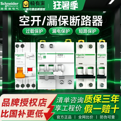 施耐德空气开关R9/A9pro/E9系列1P+N断路器空开总开2P40/63A漏电