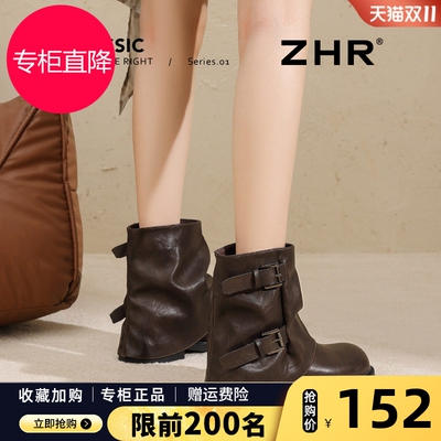 堆堆短靴女2025冬季新款加绒美拉德棕色西部裤管靴复古厚底马丁靴