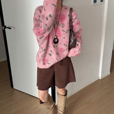 LM家高品  26年新品慵懒风软糯舒适粉色花朵提花羊毛羊绒圆领毛衣