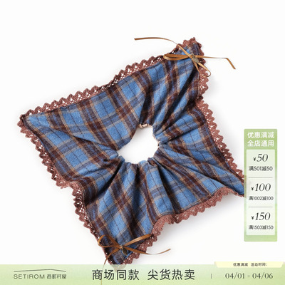 西町村屋复古发圈女2025秋季新款韩系蓝咖格纹方形发饰XAAC40049