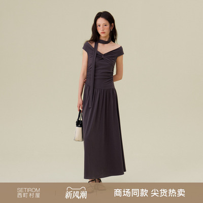 西町村屋气质连衣裙女2026夏新款扭结一字肩裙子含飘带XABB11138