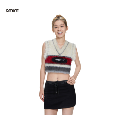AMLM短款色块V领长毛背心毛衣