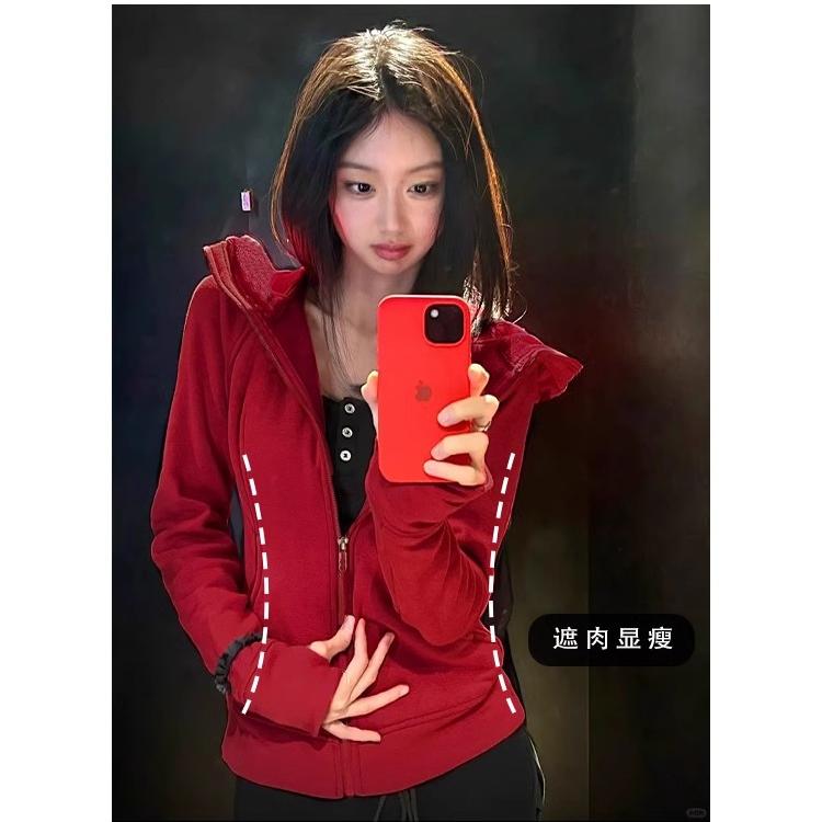 红色上衣女装外套冬修身加绒卫衣早春小个子瑜伽服本命年新年穿搭