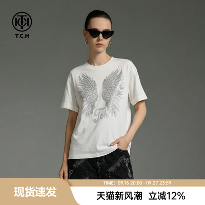 TCH卷边袖烫钻翅膀圆领短袖T恤