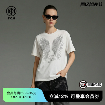 TCH卷边袖烫钻翅膀圆领短袖T恤
