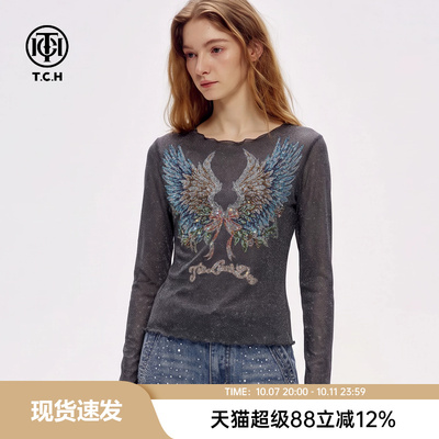 TCH2026秋季女装打底衫新款翅膀烫钻修身显瘦长袖上衣T78C02E1006