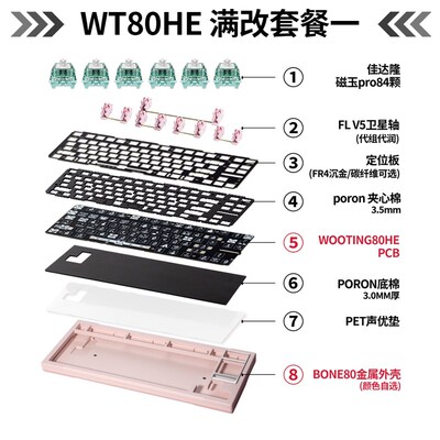 Wooting80he磁轴PCB键帽满改BONE80铝壳客制化改装大礼包