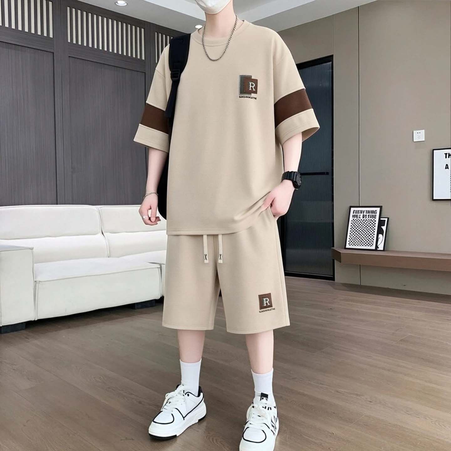 小鑫甄选2026夏季新款男士运动休闲套装青少年短袖t恤短裤两件a8
