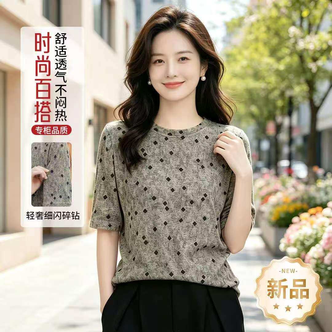 芸菲汇夏季新款女装宽松时尚短袖T恤显瘦圆领女上衣中老年妈妈a9