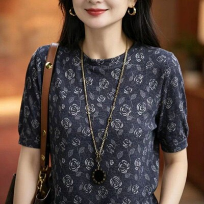 润云飞女装玫瑰碎花短袖2026夏季女士款显瘦T恤减龄百搭半袖上a5