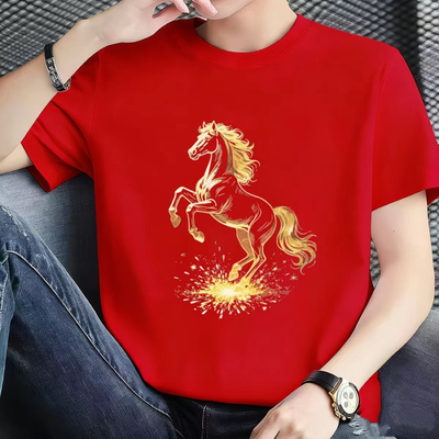 100%纯棉红色马年印花T恤本命年2026时尚新款上衣圆领休闲短袖