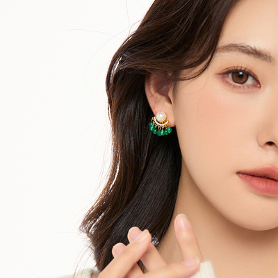 绿玛瑙天然石珍珠耳夹女无耳洞