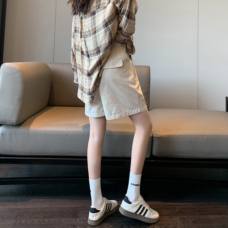 米色美式西装短裤女2026夏季薄款纯棉宽松显瘦女裤阔腿阔腿裤