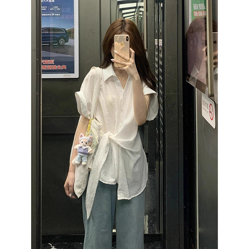 韩系白色绑带掐腰短袖衬衫女夏季气质衬衫宽松慵懒上衣设计感小众