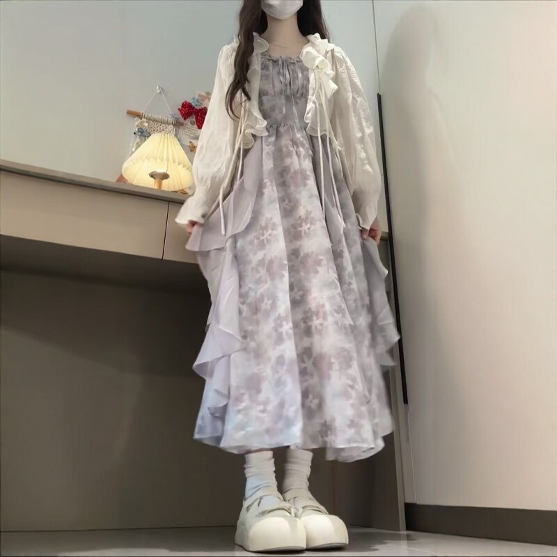 清冷风扎染荷叶边收腰吊带洋装+甜美绑带防晒开衫复古套装夏季
