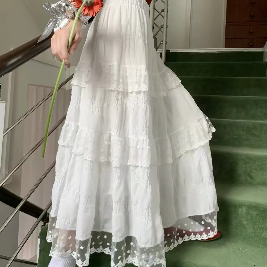 芭蕾风设计感蕾丝拼接半身裙女春夏季小个子百搭蛋糕裙高腰A字裙