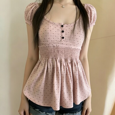 Sweet A doll shirt top T-shirt 甜美风波点A摆娃娃衫上衣T恤女