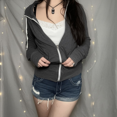 Hot girl gray hooded sweatshirt 初秋外穿修身辣妹灰色连帽卫衣