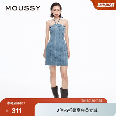 moussy辣妹风挂脖裹胸牛仔连衣裙