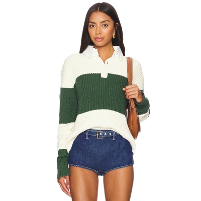 LIONESS POLO领上衣白绿条纹针织衫学院风毛衣REVOLVE小春季