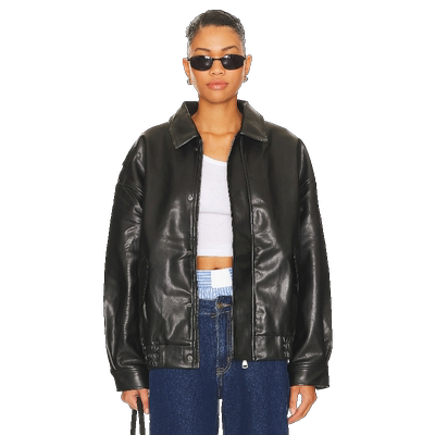 LIONESS 黑色翻领皮衣美式复古外套朋克风飞行员夹克REVOLVE新款
