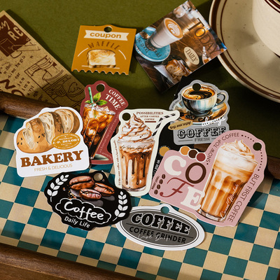 开一家咖啡店系列打孔吊卡贴纸30张 复古边框英文手账水杯diy拼贴