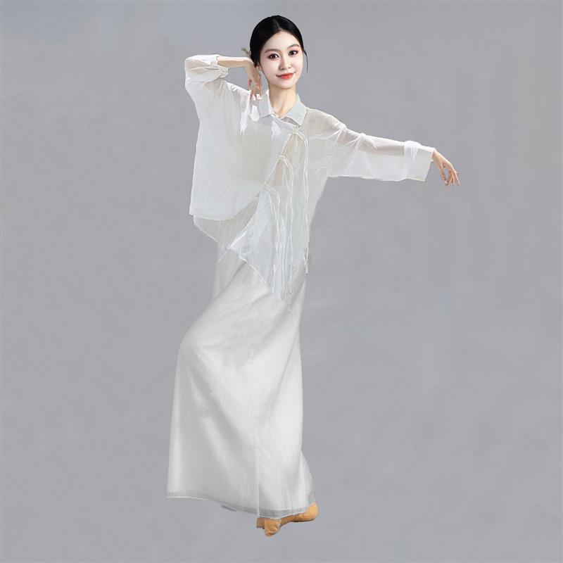 现代舞衬衫练功服套装女白色飘逸宽松不规则上衣古典舞蹈服演出服