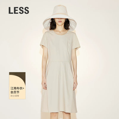 LESS夏季裙子女法式复古简约收腰圆领短袖连衣裙2N4G11730