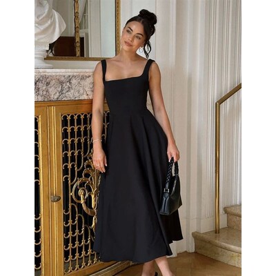 Fantoye Sexy Square Collar Maxi Dress For Women Black