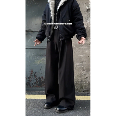 极简黑色男士阔腿松紧腰休闲西裤