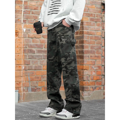 百搭美式复古迷彩牛仔工装裤子