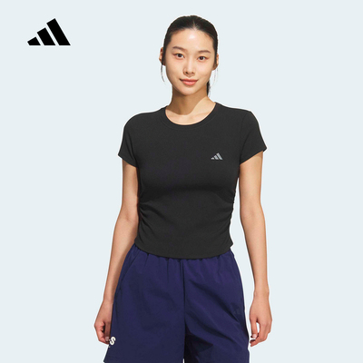 adidas阿迪达斯修身黑色褶皱收腰半袖2026夏女短款短袖T恤 KH2653