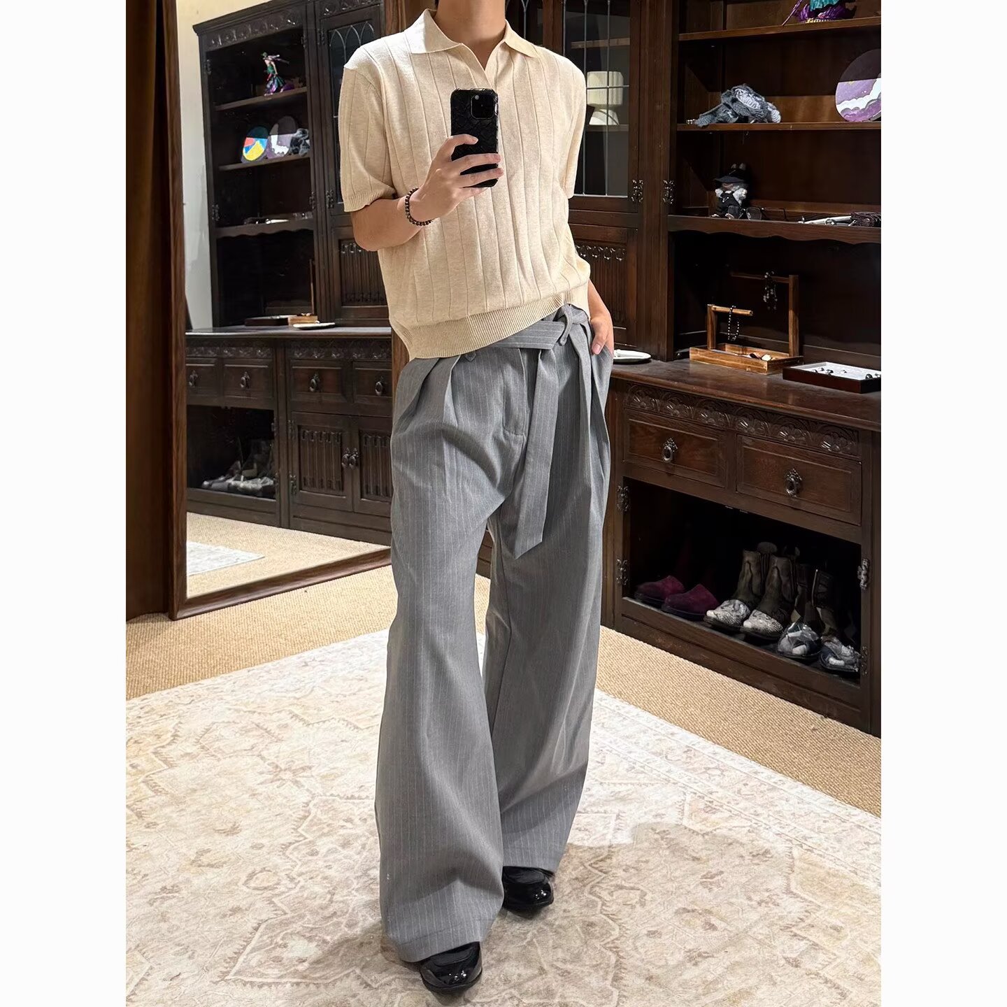 美式复古慵懒松弛感剑道双褶西裤男女条纹垂感廓形老钱风休闲裤子