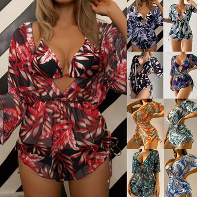 2025 Three-piece Bikini Leaf Print Waist Lace-up Long Sleeve