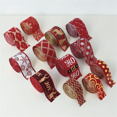 2M Red Green Christmas Ribbon Stamped Linen Printed Christma