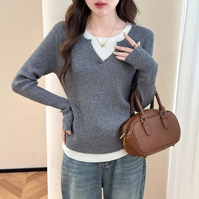 唐狮秋冬毛衣女简约百搭假两件设