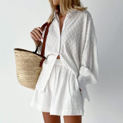 Autumn Shirt Jacquard Bubble Sleeve Temperament Top Shorts C