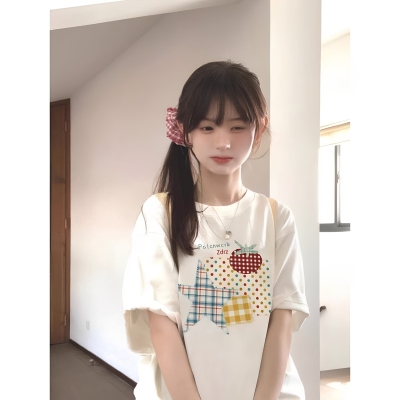 纯棉日韩星星波点涂鸦印花短袖t恤女夏季ins田园高级感百搭上衣服