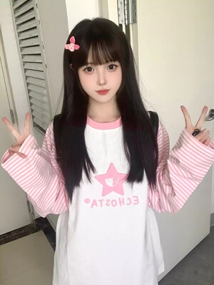 日系少女长袖粉色多巴胺t恤女宽松插肩袖减龄撞色学院风学生上衣