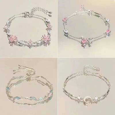 Steel Fun New Women Bracelet Shiny Pink Zircon Butterfly Che