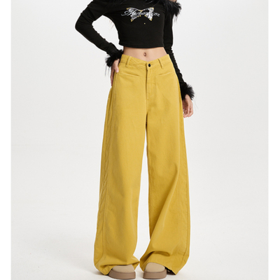黄色牛仔裤女高腰直筒阔腿裤子女