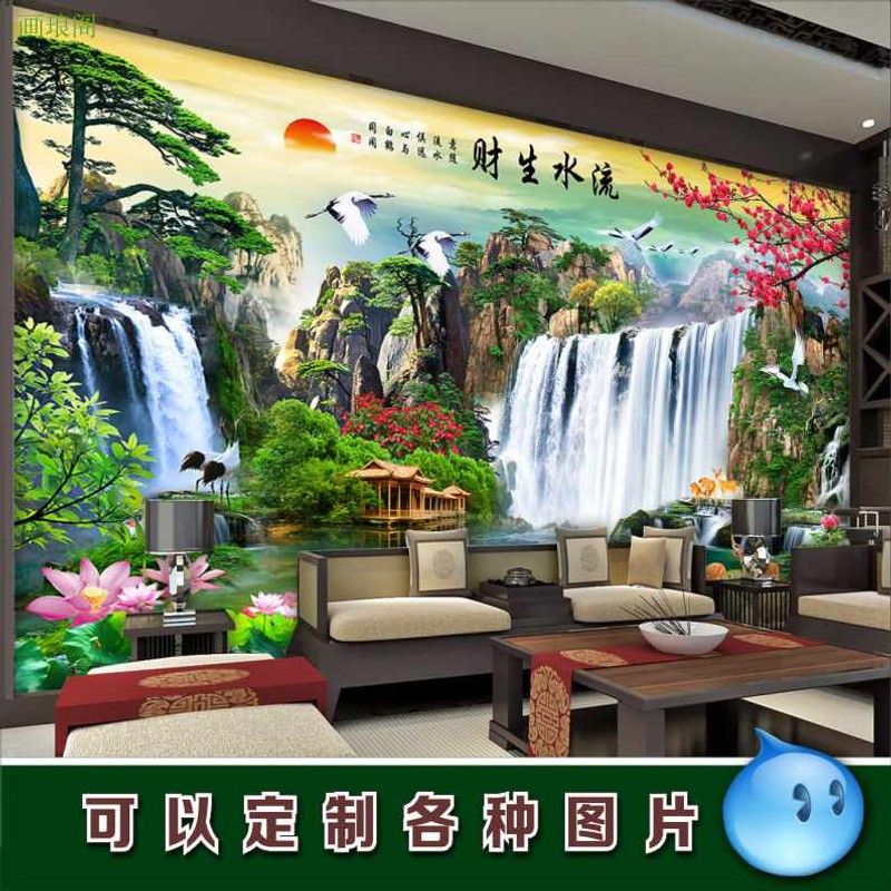 流水生财竹木纤维集成墙板电视背景迎客松墙画护墙板快装拼接扣板
