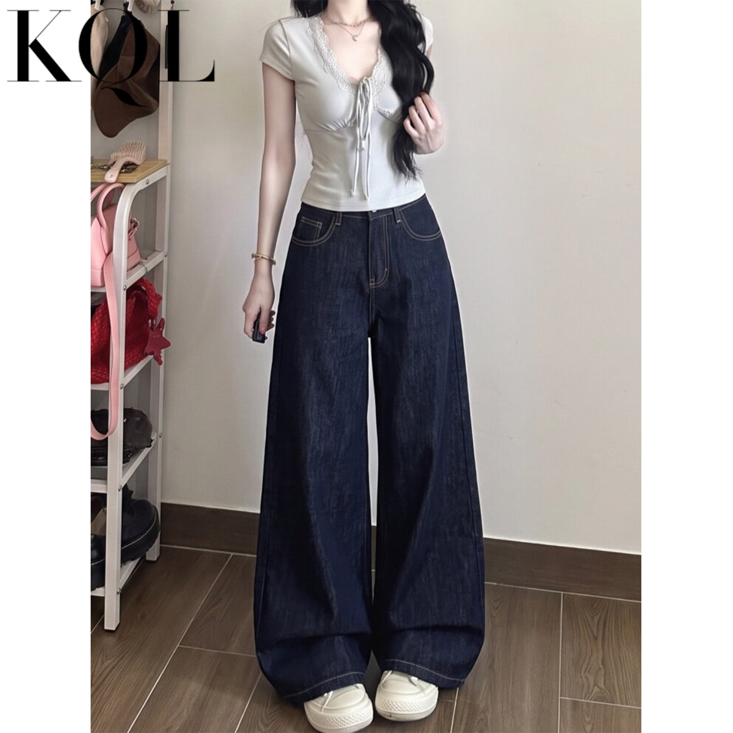 美式深蓝色阔腿牛仔裤女秋季2026新款小个子高腰垂宽松感直筒裤子
