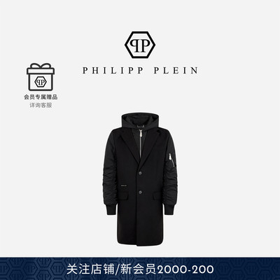 PHILIPP PLEIN 2026年男士拉链外套长款时尚连帽黑色大衣中长款